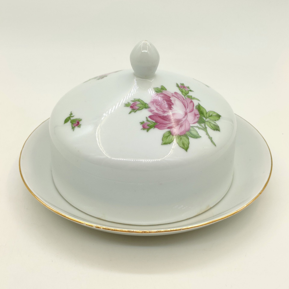 Масленка, украшенная изображением роз, фарфор деколь золочение, Colditz Кольдиц, ГДР 1970-1980 ...