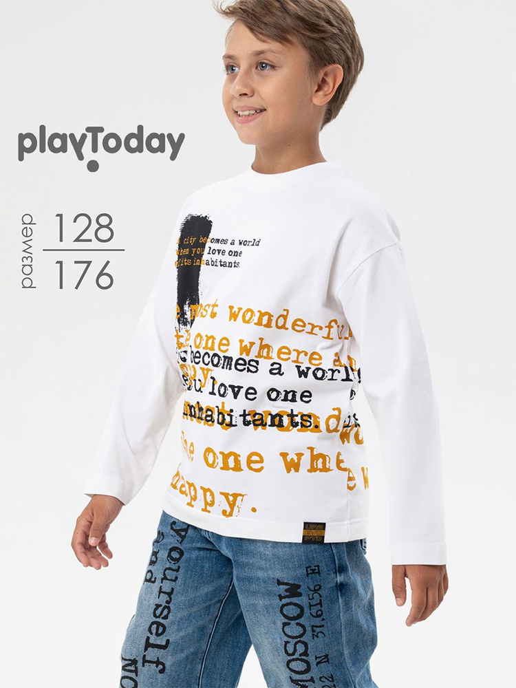 Лонгслив Мальчики PlayToday белый, черный Длинный, размер 134 Трикотаж Буквы и цифры ...