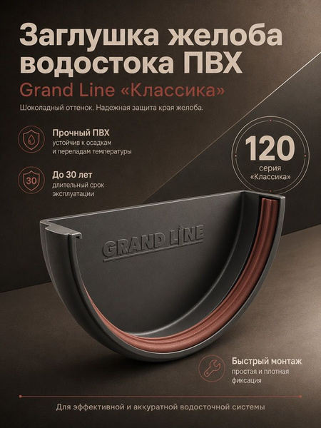Заглушка желоба водостока ПВХ Grand Line Классика 120 графит (RAL 7024 ...