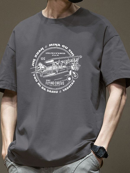 Футболка Мужской SYJWY пепельно-коричневый Короткий, размер 50 Хлопок Буквы и цифры, Другое ...