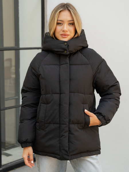 Куртка Женский MAXADORRE Капюшон черный капюшон Полиэстер, размер 48 Длинный Демисезон прямой ...