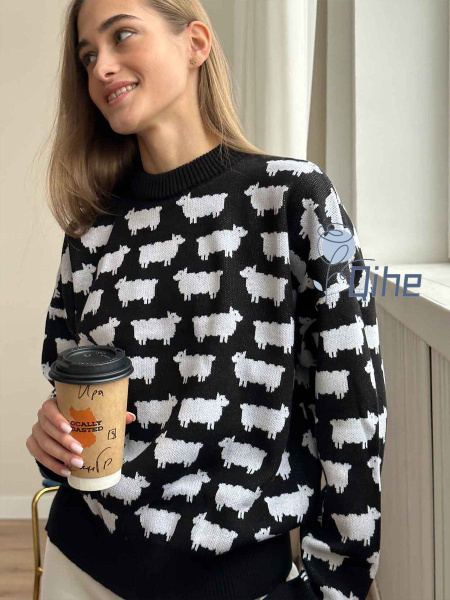 Свитер Женский Pull&Bear черный, размер 46 Длинный Анималистический Польша купить c доставкой на ...