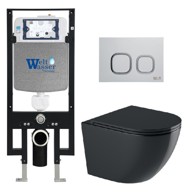 Инсталляция с унитазом комплект 6 в 1: унитаз черный Merzbach 043 GL-BL, инсталляция Amberg 497 ...