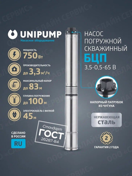 Насос для воды погружной скважинный UNIPUMP БЦП 3,5-0,5-65 В (750Вт,кабель 45м с вилкой) купить ...