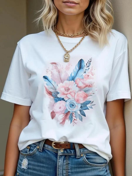Футболка Женский CHAOPAI белый Средний, размер 48 Хлопок Перья, Цветочный свободный Повседневный ...