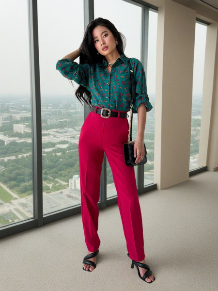 Брюки Женский HELLO MODA! фуксия Полиэстер, размер 42 Без застежки На любой сезон Россия Высокая ...