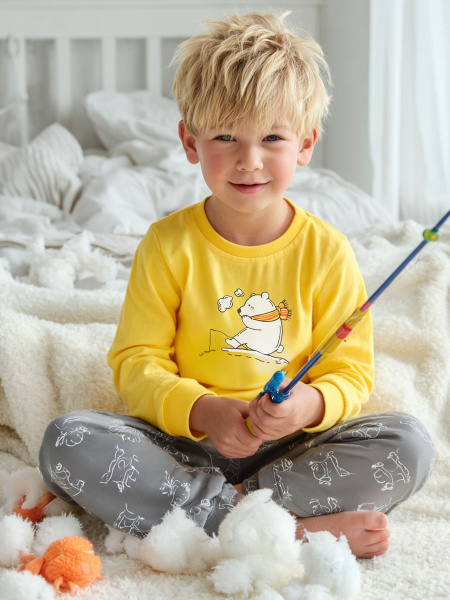 Пижама Мальчики, Девочки Rommel с брюками Трикотаж, размер 104 Логотип желтый, серый Длинный ...