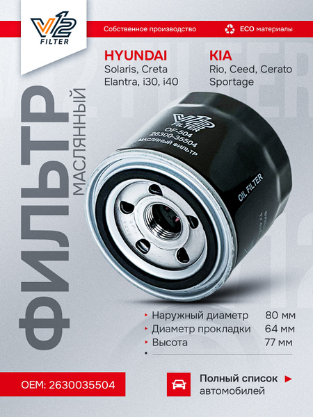 Фильтр масляный Hyundai Creta, Solaris, Kia Ceed, Cerato, Optima, Rio ...