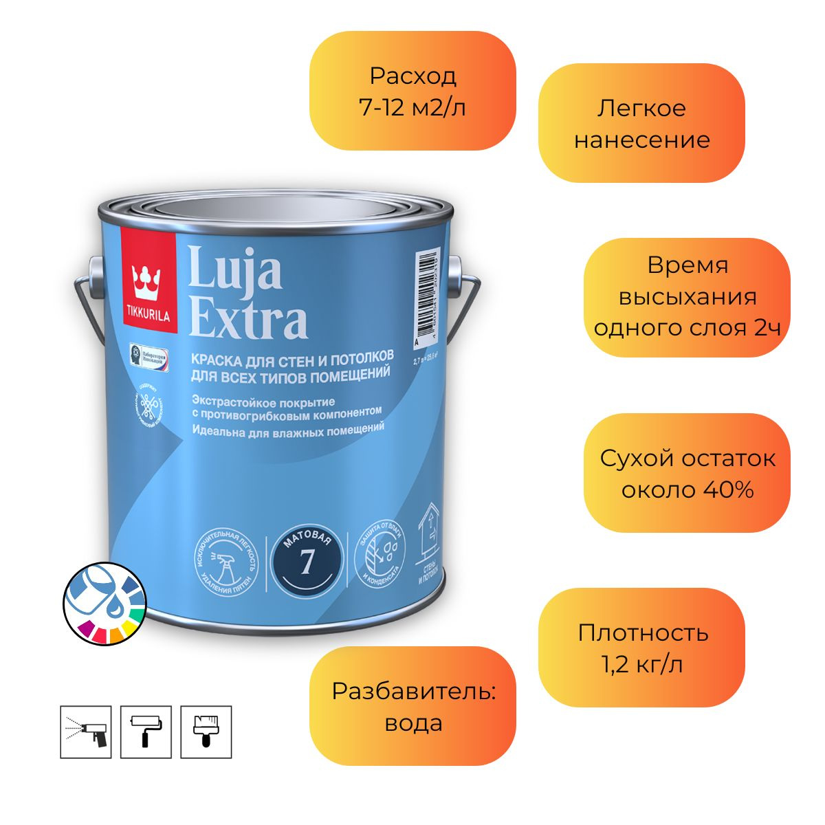 Tikkurila Краска Гладкая, Водно-дисперсионная, Матовое покрытие, 2.7 л ...