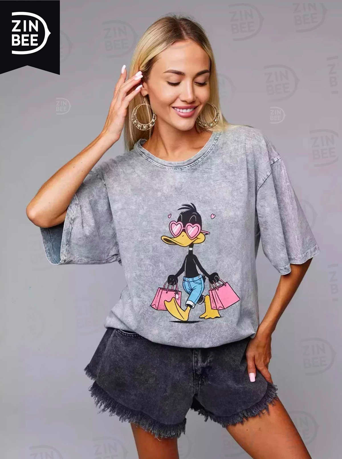 Футболка Женский ZinBee суровый темно-синий Короткий, размер 42 Вата РВ Повседневный Китай ...