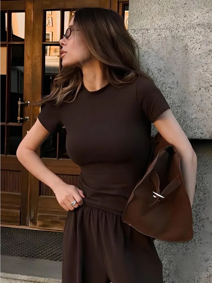 Футболка Женский VicSi Collection коричневый Короткий, размер 42 Пенье ...
