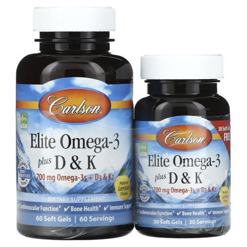 Carlson, Omega-3 plus D & K, Комплекс омега-3 и витаминов D и K, 60 ...