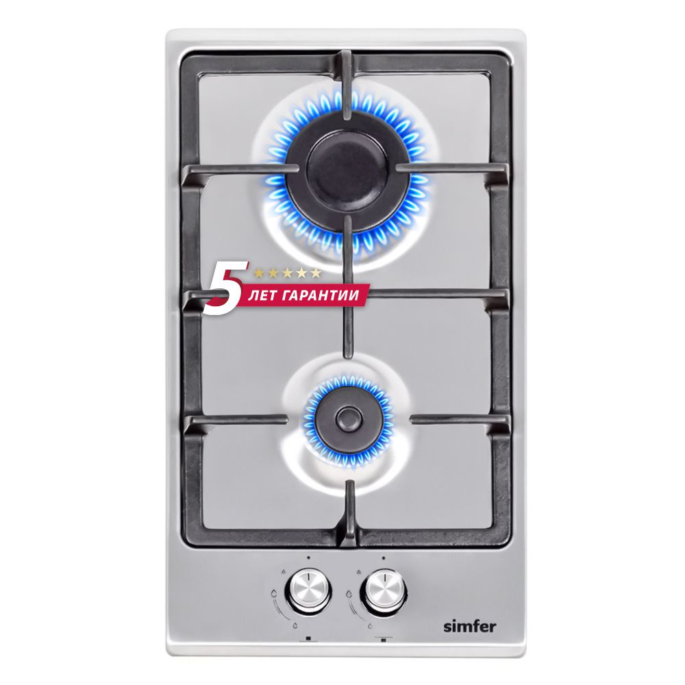 Варочная газовая панель 2 конфорки Simfer 30см, ГАЗ-КОНТРОЛЬ, электроподжиг, чугунные решетки, 5 ...