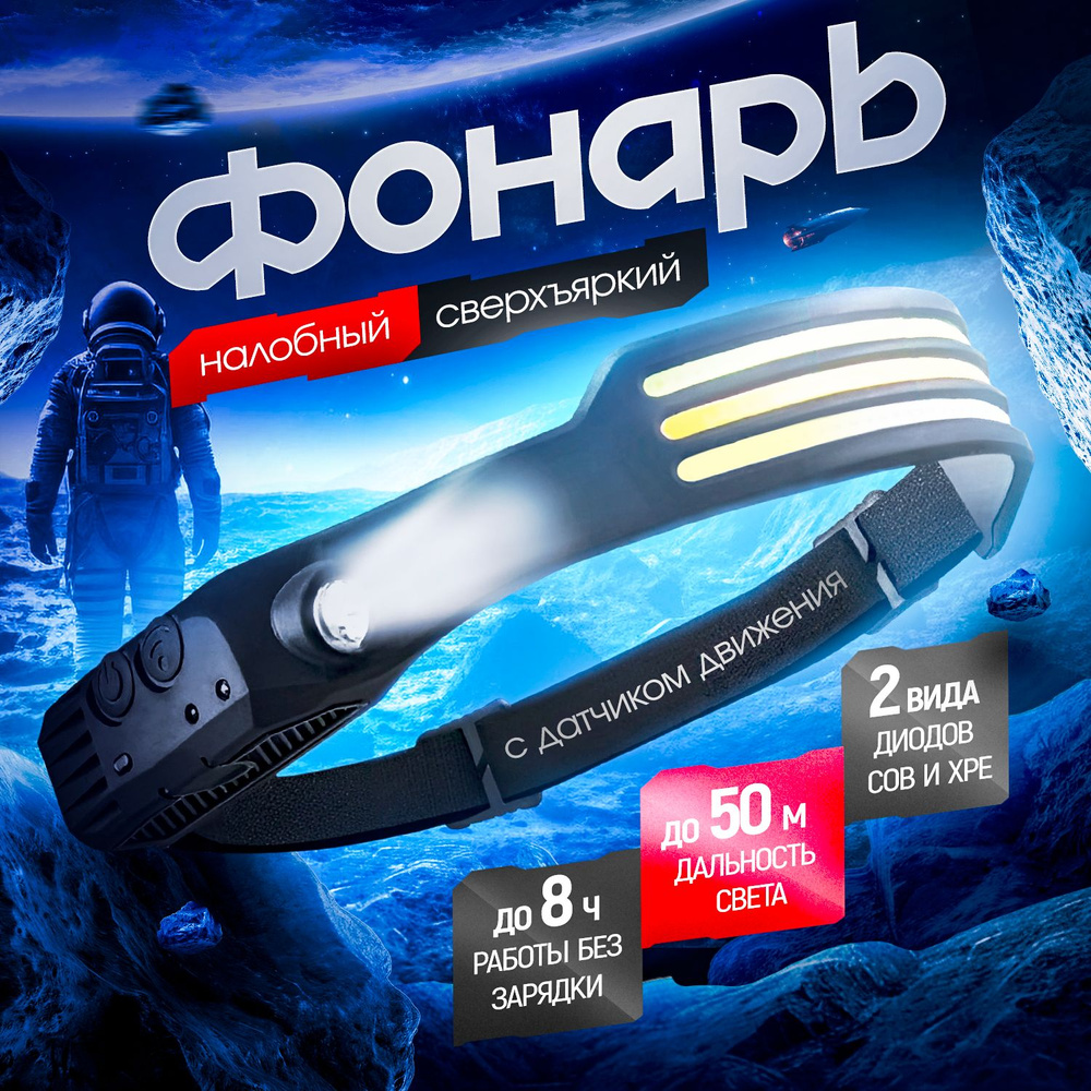 Фонарь налобный аккумуляторный , фонарик налобный , LED с зарядкой ...