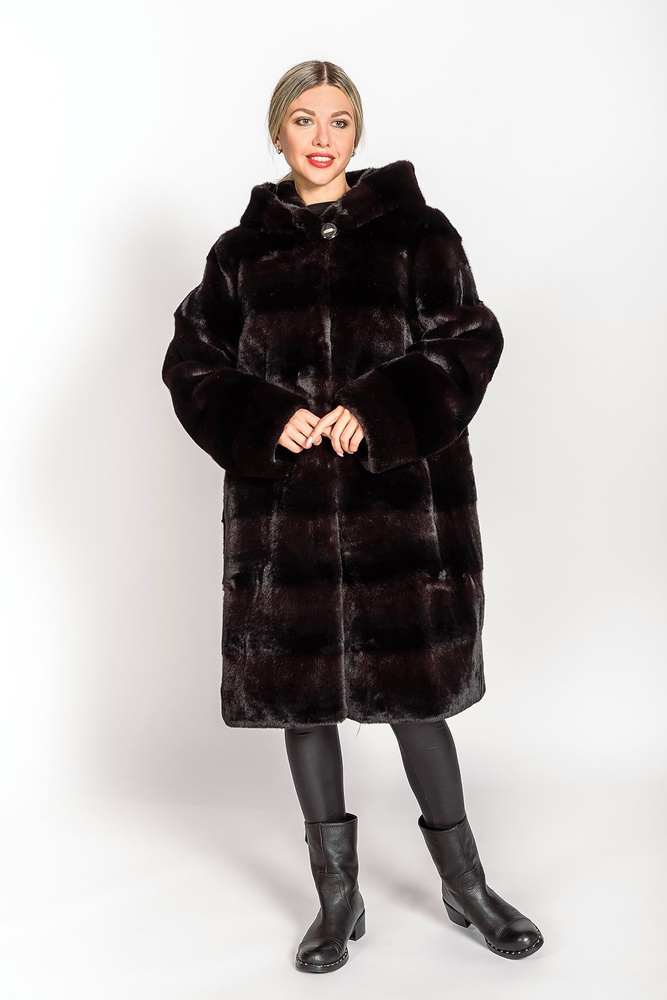 Шуба искусственная Женский Prima Woman Карманы темно-коричневый капюшон ...