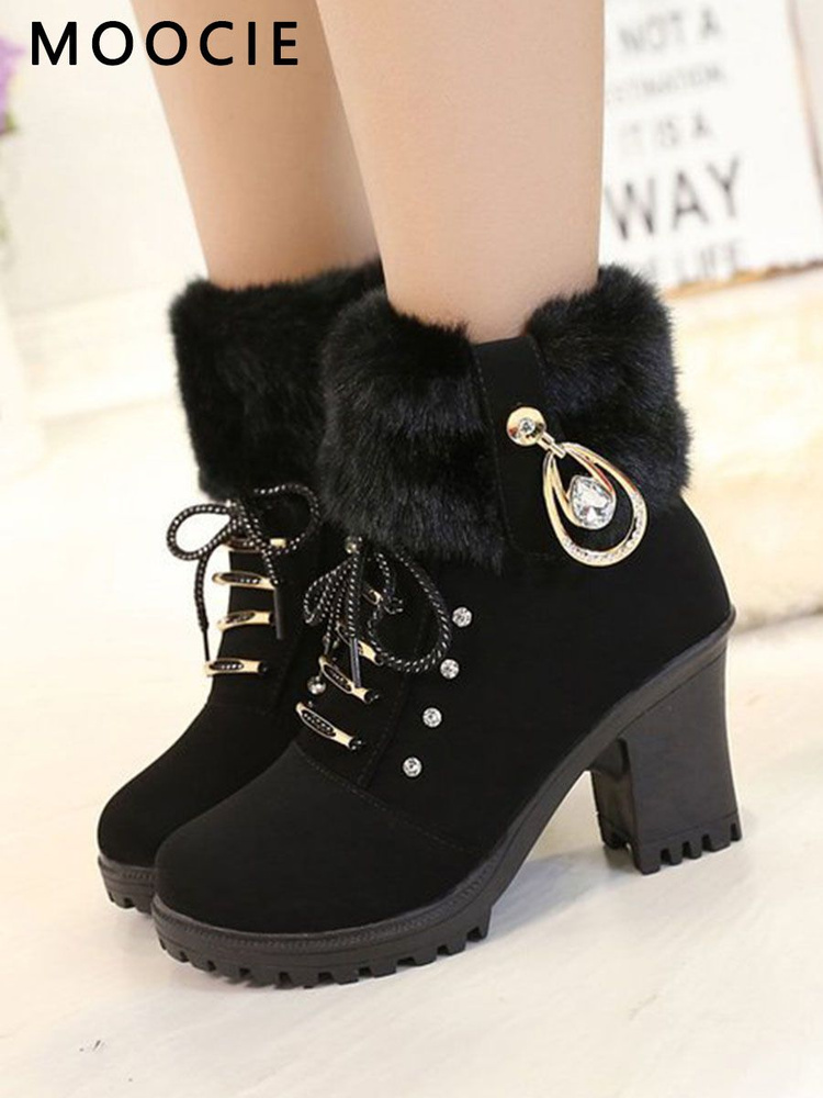 Сапоги Женский MOOCIE полусапоги, размер 36 черный Зима Толстый каблук Молния купить c доставкой ...