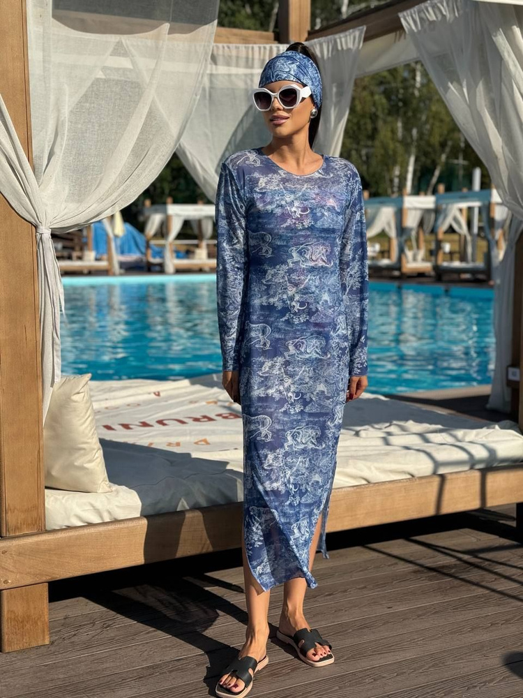 Платье Женский MARMELAD синий прямое Пляжный Длинный, размер универсальный большие размеры ...