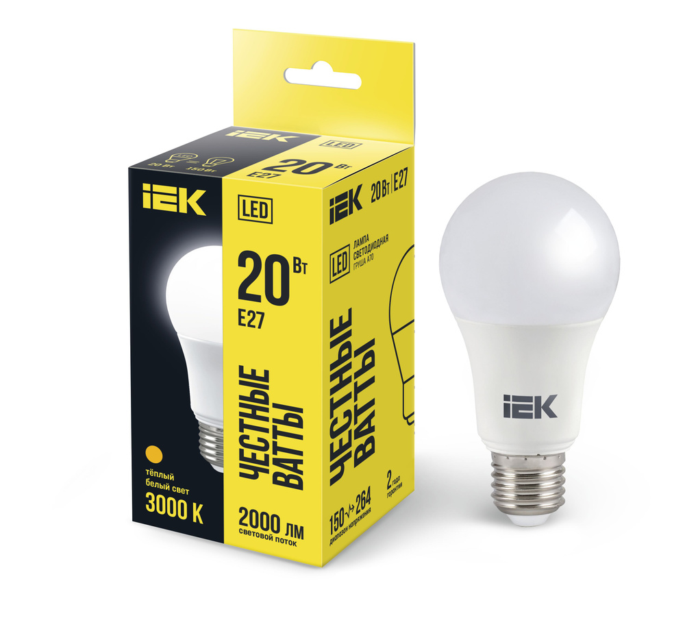 Лампа светодиодная ECO A60 шар 20Вт 230В 3000К E27 код. LLE-A60-20-230-30-E27 IEK (8шт.в упак ...