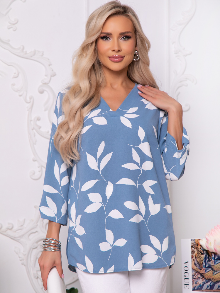 Блузка Женский BELLMELODY голубой меланж Текстиль Укороченный Разноцветный, размер 46 свободный ...