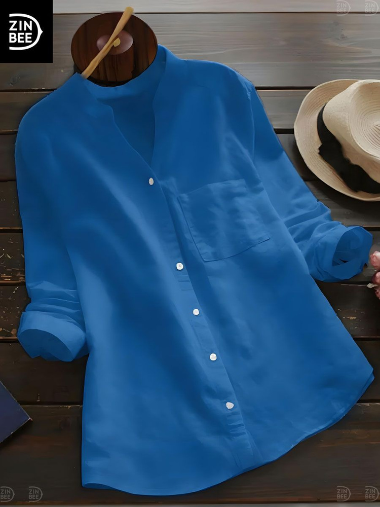 Рубашка Женский ZinBee синий Короткий Вата РВ Значки Камуфляж, размер 50 облегающий Эластичная ...