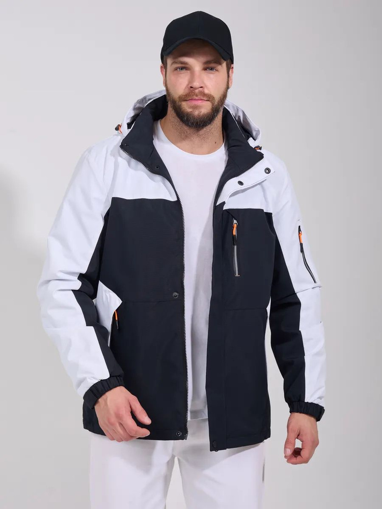 Ветровка Мужской KINGSO MENS Карманы черно-синий, белый капюшон Полиэстер, размер 60 Средний ...