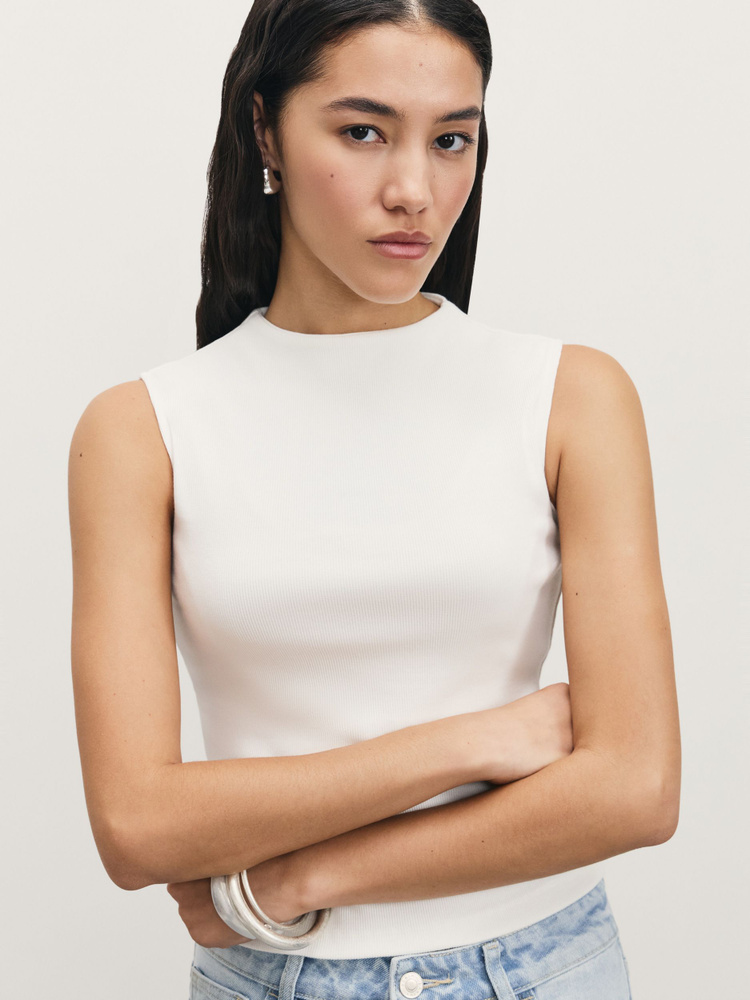 Топ Женский Zarina белый, размер 48 Хлопок, Эластан Повседневный Узбекистан облегающий ...