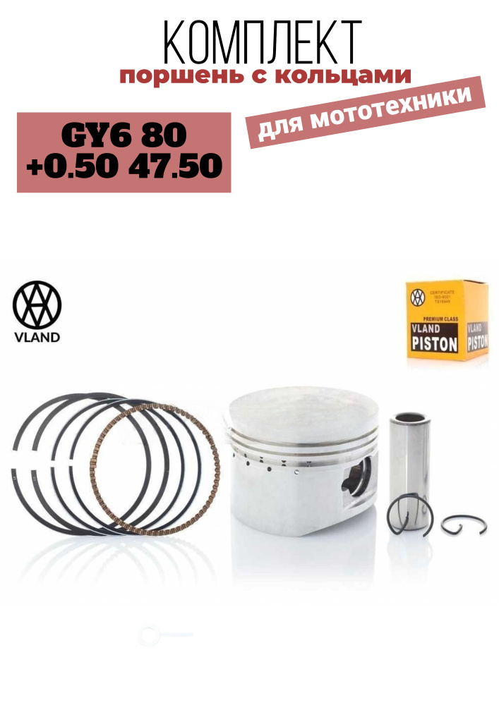 Поршень к-кт GY6 80 +0.50 47.50 "VLAND" ТАЙВАНЬ купить c доставкой на OZON по низкой цене ...