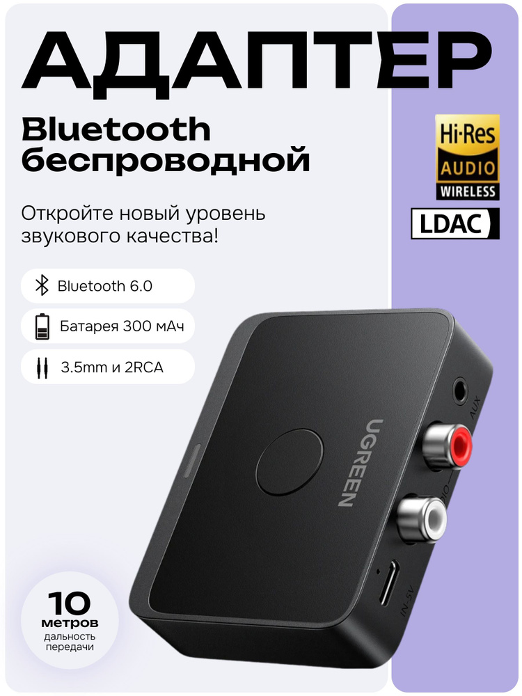 Bluetooth аудио адаптер Ugreen BT505 (55545) с поддержкой LDAC, Bluetooth 6.0, АКБ 300 мАч, AUX ...