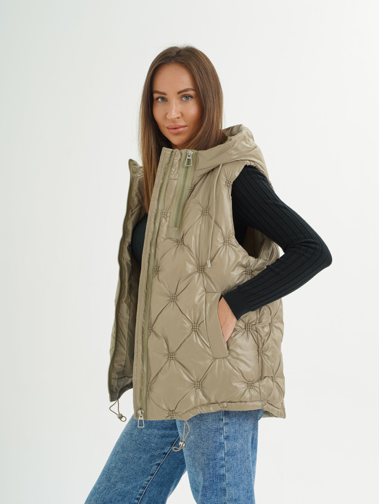 Жилет утепленный Женский KSV&HUV Капюшон, Карманы хаки, васаби, размер 52, 54 Полиэстер ...