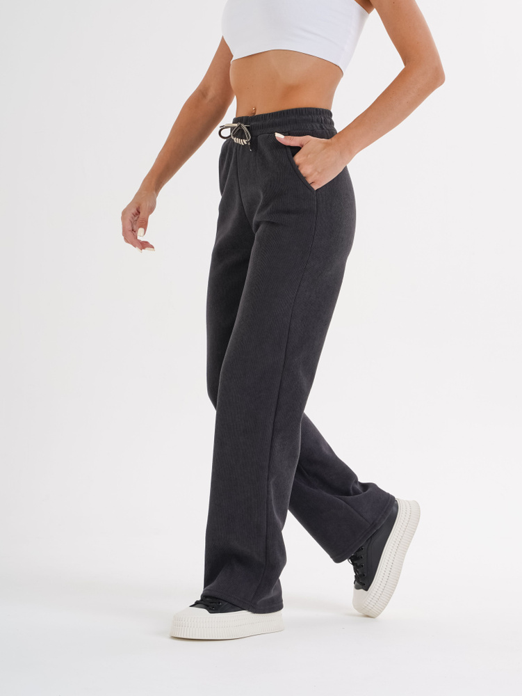 Брюки Женский XF.BUSF широкие, утепленные графит Вельвет Повседневный, размер 50, 52 Резинка ...
