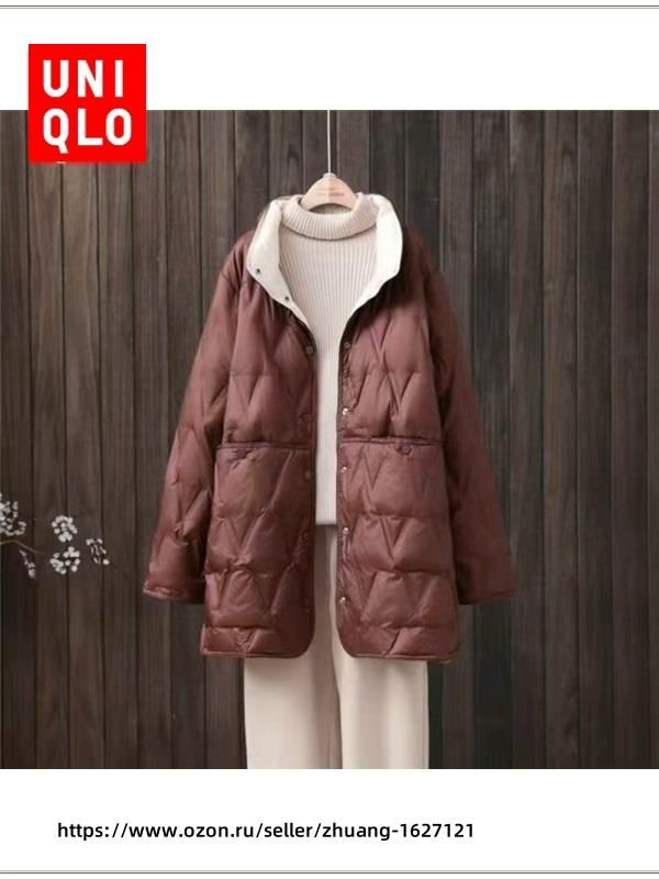 Пуховик Женский Uniqlo винно-красный с отворотом Полиэстер, размер 48 Длинный Еврозима Перо ...