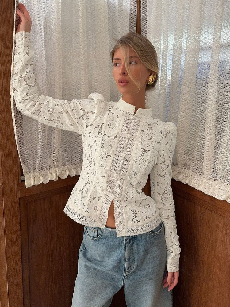 Рубашка Женский MOOCIE белый Длинный Хлопок, Полиамид Кружево Однотонный, размер 46 свободный ...