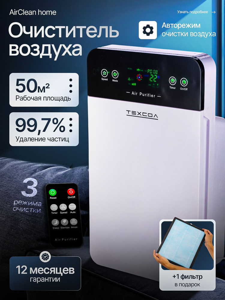 Очиститель воздуха для дома AirClean Home 50m (K4) с HEPA-13 от аллергенов, пыли и запахов ...