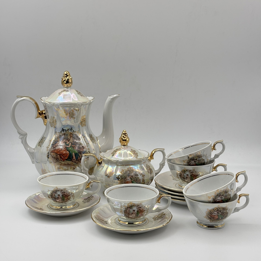 Сервиз кофейный "Мадонна" на 6 персон 14 предметов, фарфор деколь люстр золочение, Kahla ГДР ...