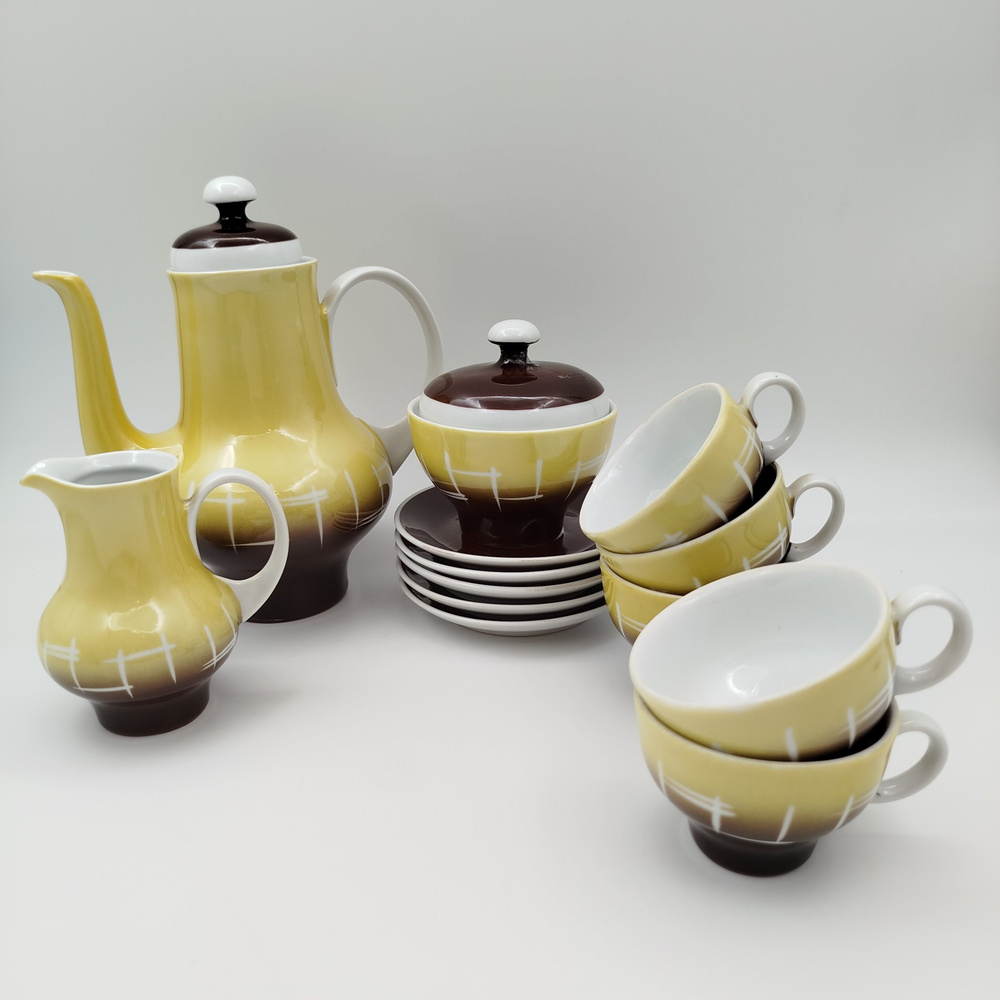 Сервиз кофейный в желто-коричневой гамме на 5 персон 13 предметов, фарфор крытье аэрография ...