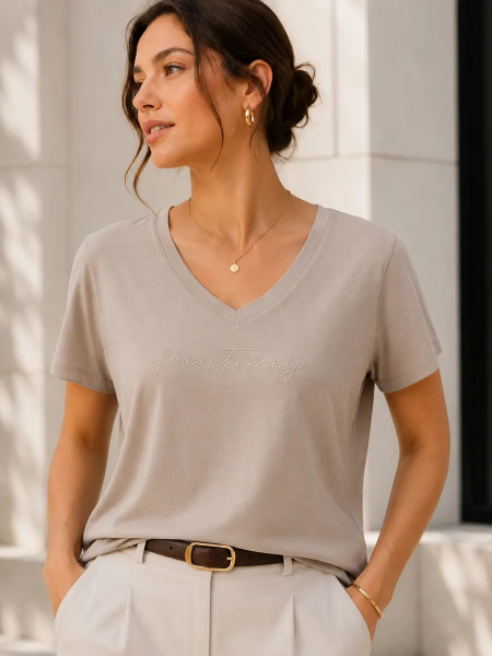 Футболка Женский CLEVER WEAR кофейный Короткий, размер 42 Хлопок прямой ...