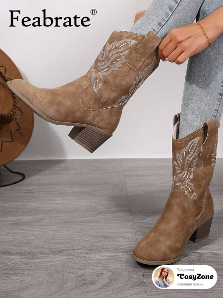 Казаки Женский Feabrate, размер 37 коричневый Демисезон Толстый каблук Без застёжки купить c ...