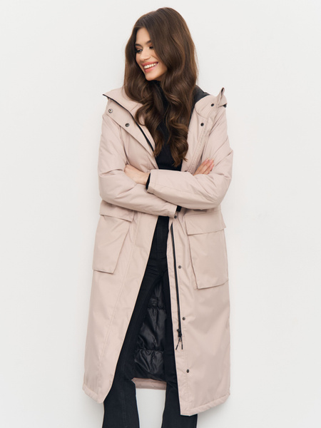Пальто Женский Avese бежевый капюшон Мембранные материалы Длинный Полиэфирное волокно, размер 44 ...