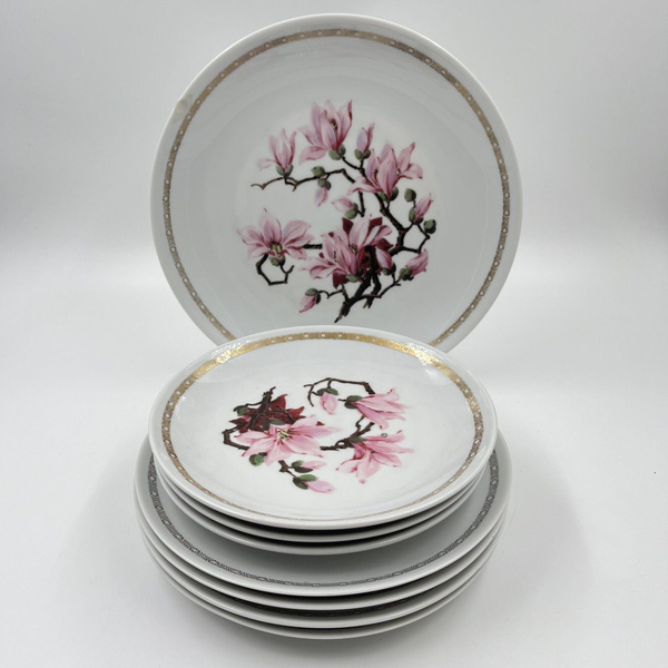 Набор тарелок Магнолия, фарфор, деколь, Graf Von Henneberg Porzellan, 1777 Jlmenau, ГДР, 1949 ...