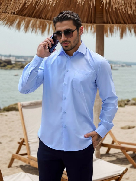 Рубашка Мужской Brostem небесный Длинный Хлопок, Модал Однотонный, размер 48 Пуговицы Россия ...