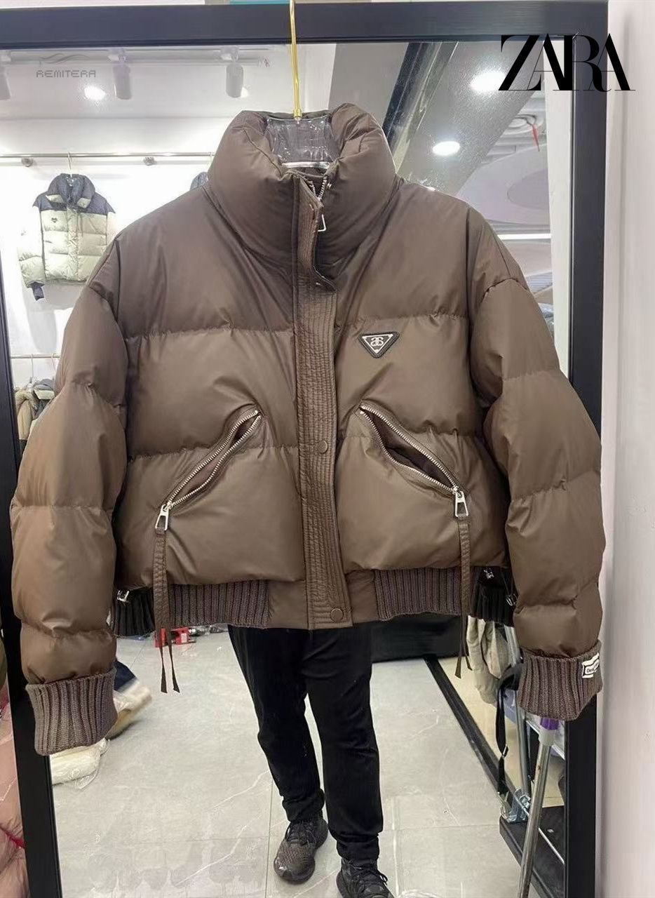 Пуховик Женский Zara белый иней, зеленый дым с отворотом Натуральная кожа, размер 48 Длинный ...