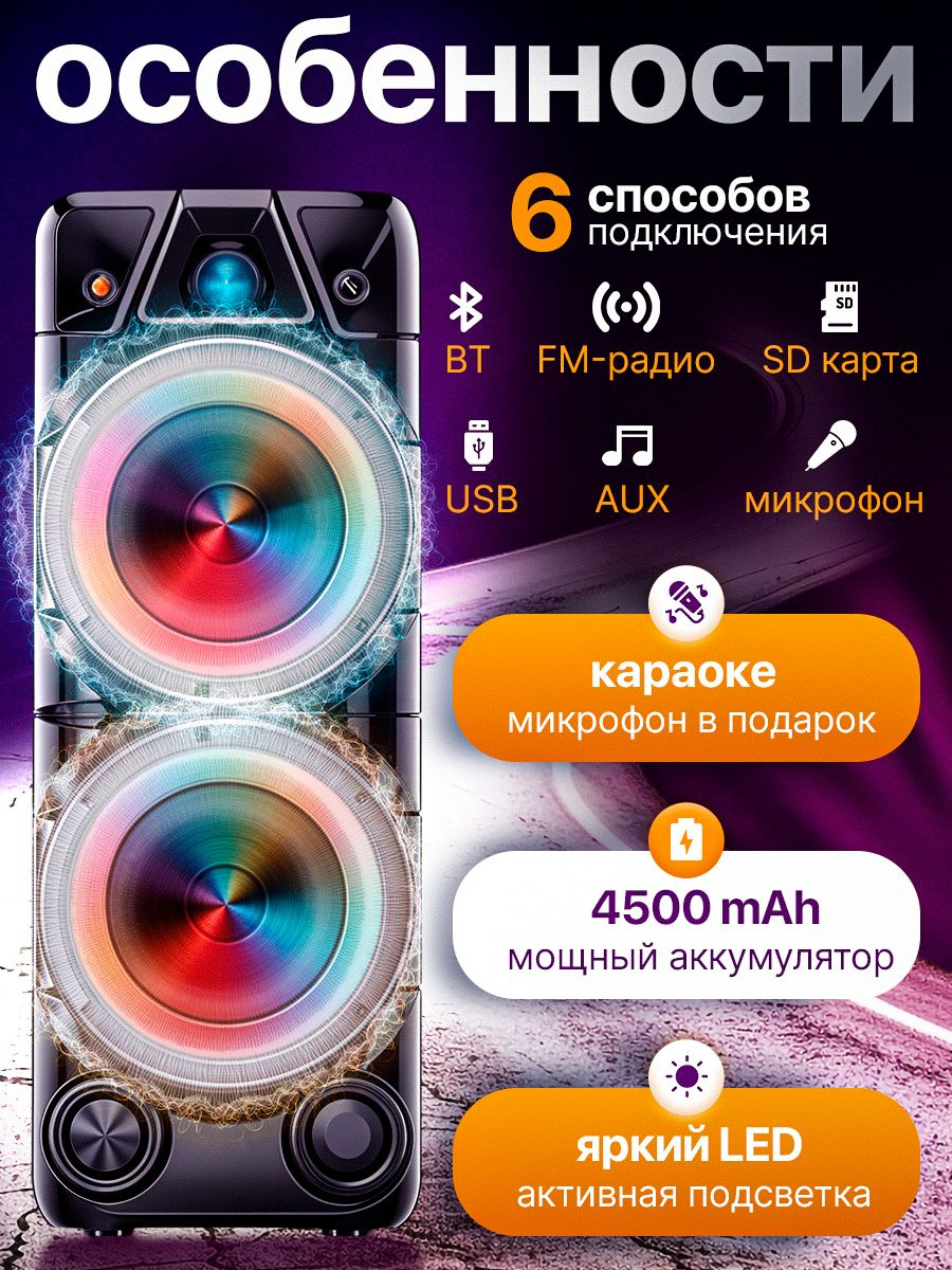 Мощная беспроводная колонка блютуз "tech4hom", портативная акустическая система с микрофоном ...