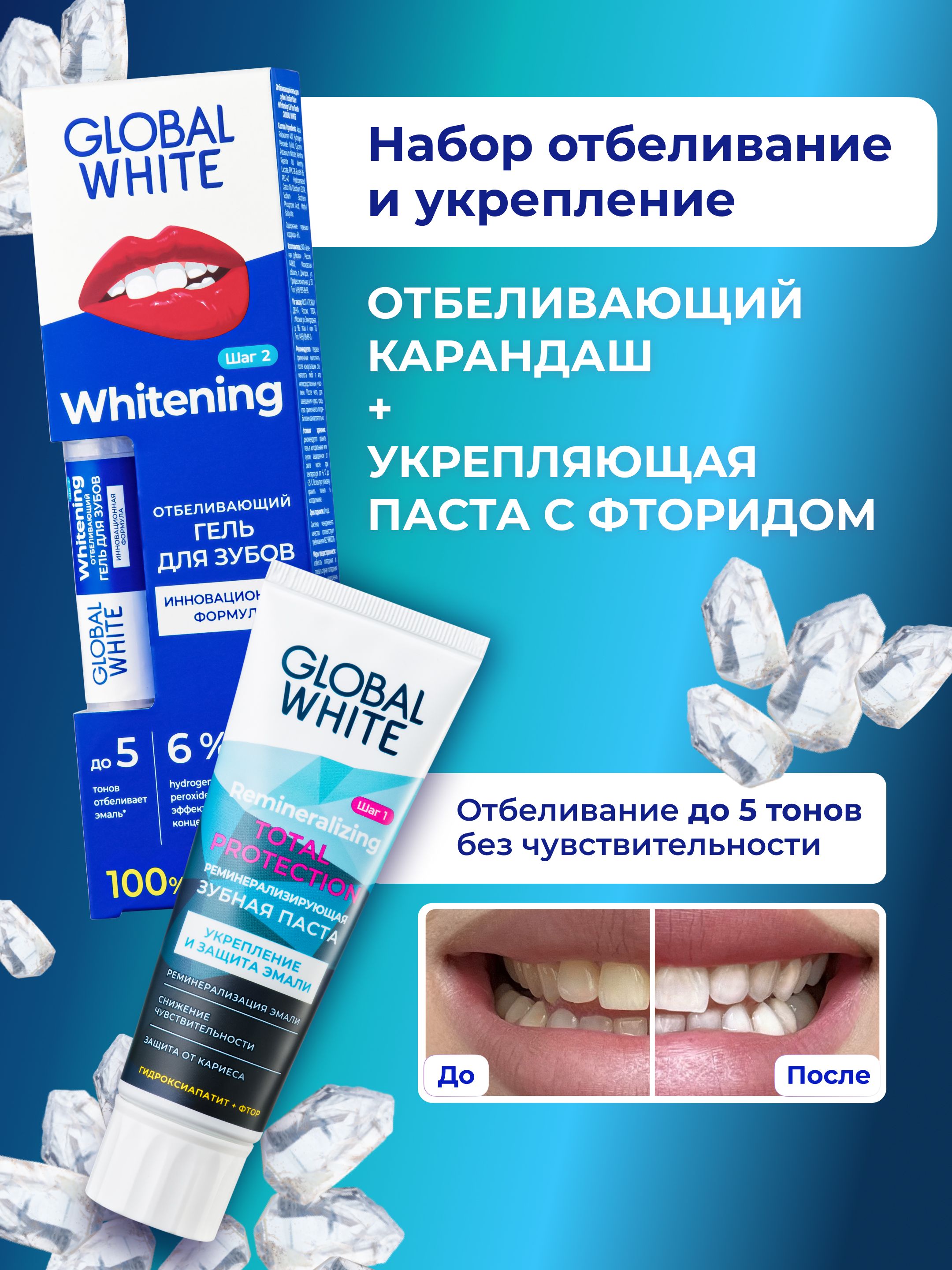 Набор для отбеливания зубов GLOBAL WHITE Карандаш отбеливающий 5 мл ...