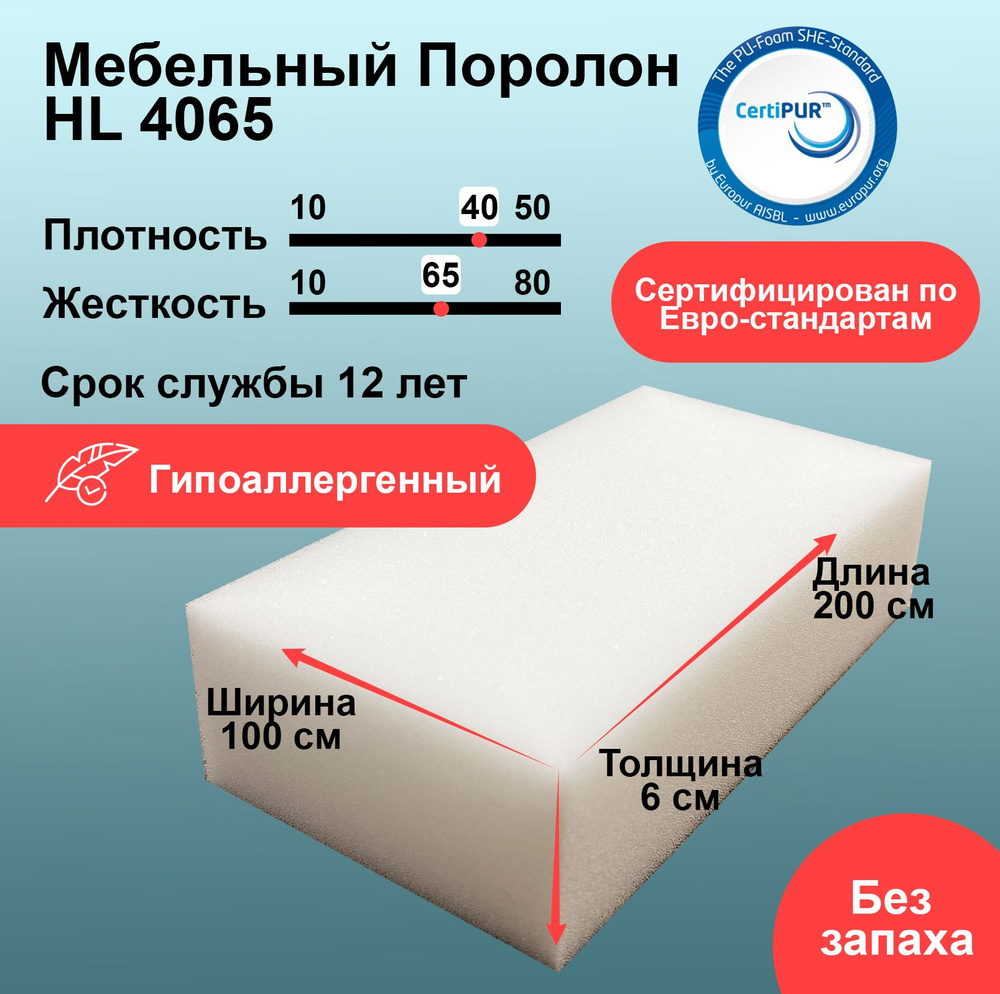 Поролон HL 4065 лист 60x1000x2000мм сверхжесткий, мебельный эластичный ...