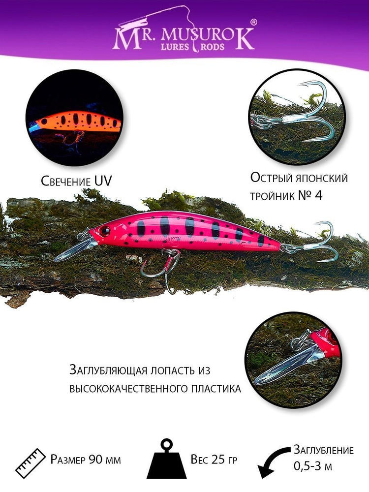 Воблер Минноу (Minnow) Mr. Musurok Lures&Rods 90 мм, 0.5-3 м купить c ...