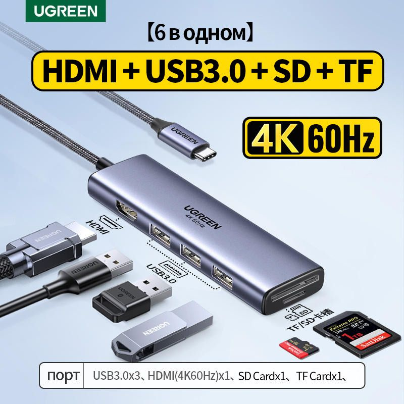 Переходник USB HUB 6 в 1. USB разветвитель, type c hdmi, док станция type c, usb хаб для macbook ...