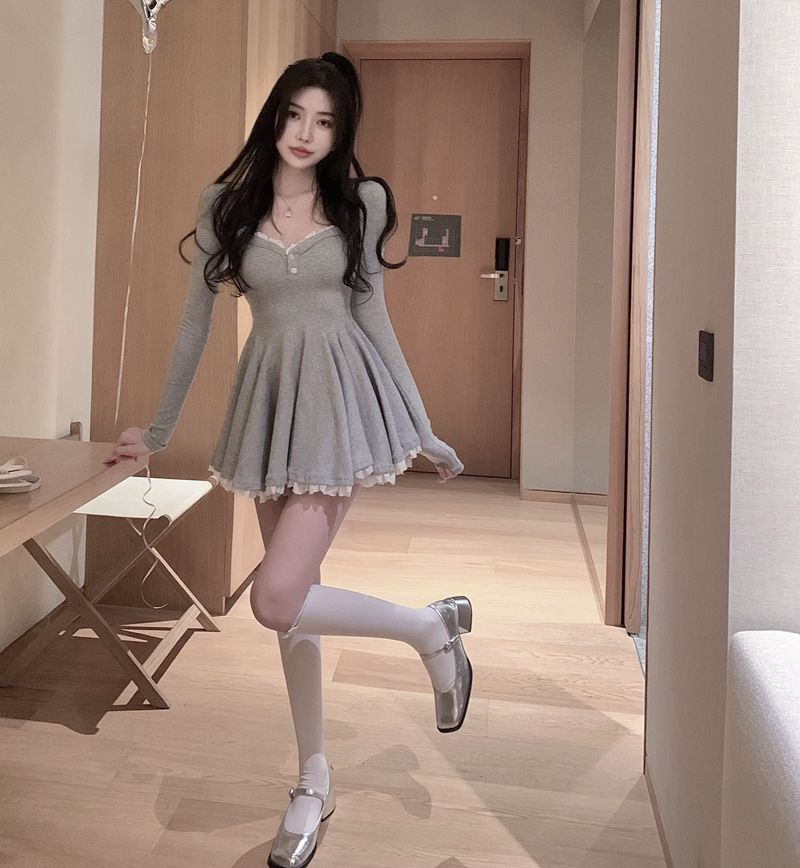 Платье Женский SYJWY серый Повседневный Длинный Полиэстер Воротник, размер 42 Кнопки А-силуэт ...