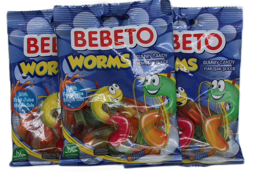 Мармелад жевательный Bebeto Worms со вкусом лимона, клубники, апельсина ...