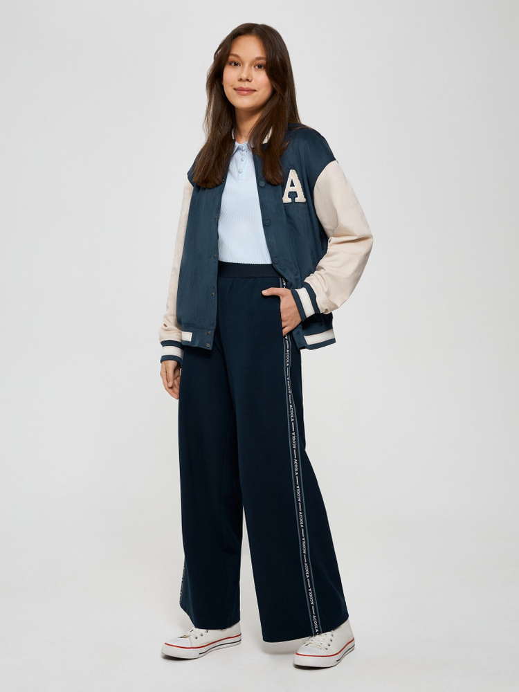 Брюки Девочки Acoola палаццо синий Трикотаж Офисный/школьный, Повседневный, размер 128 свободный ...