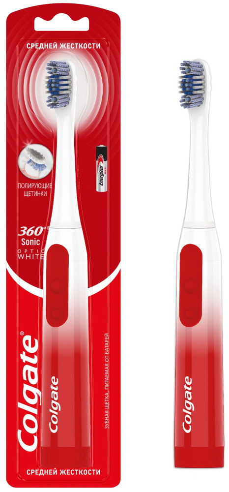 Электрическая зубная щетка Colgate 360 Sonic Optic White, отбеливающая, на батарейках, средней ...